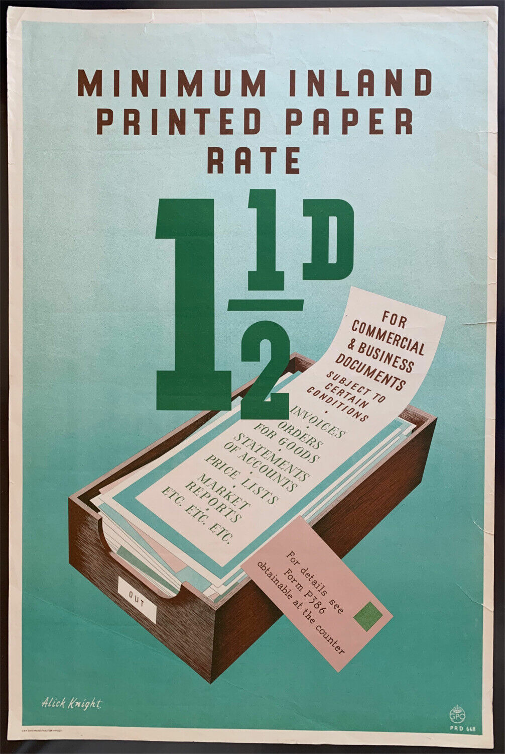 1950's GPO public information poster "MINIMUM INLAND PRINTED PAPER RATE ...