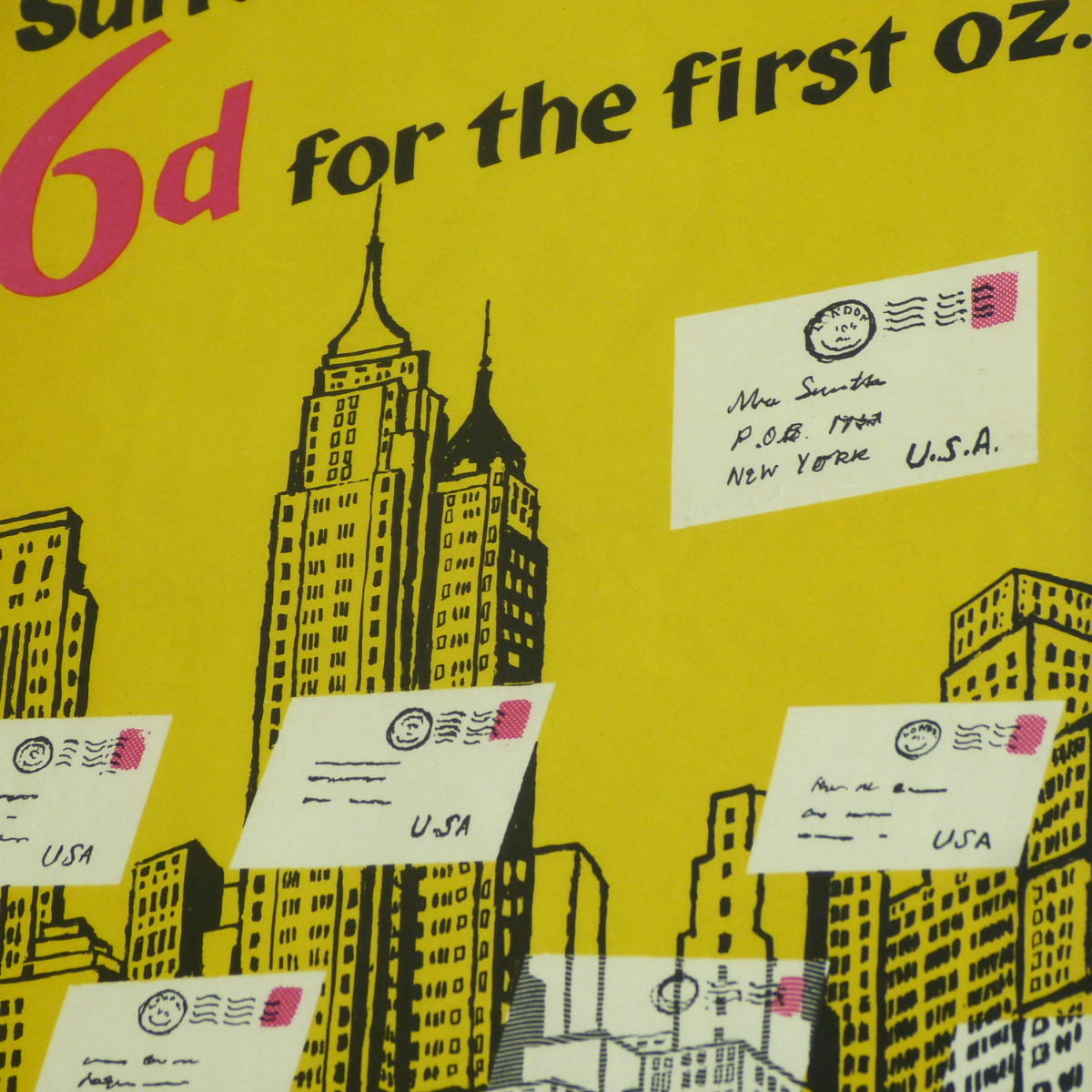 1960 GPO public information poster "surface letters to USA 6d for first ...