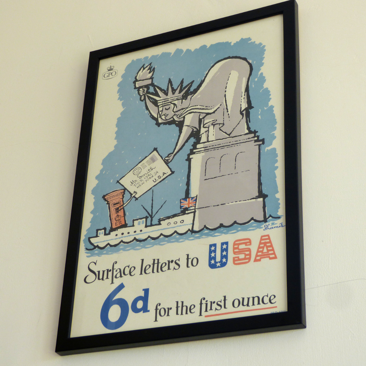 1959 GPO public information poster "surface letters to USA 6d for first ...