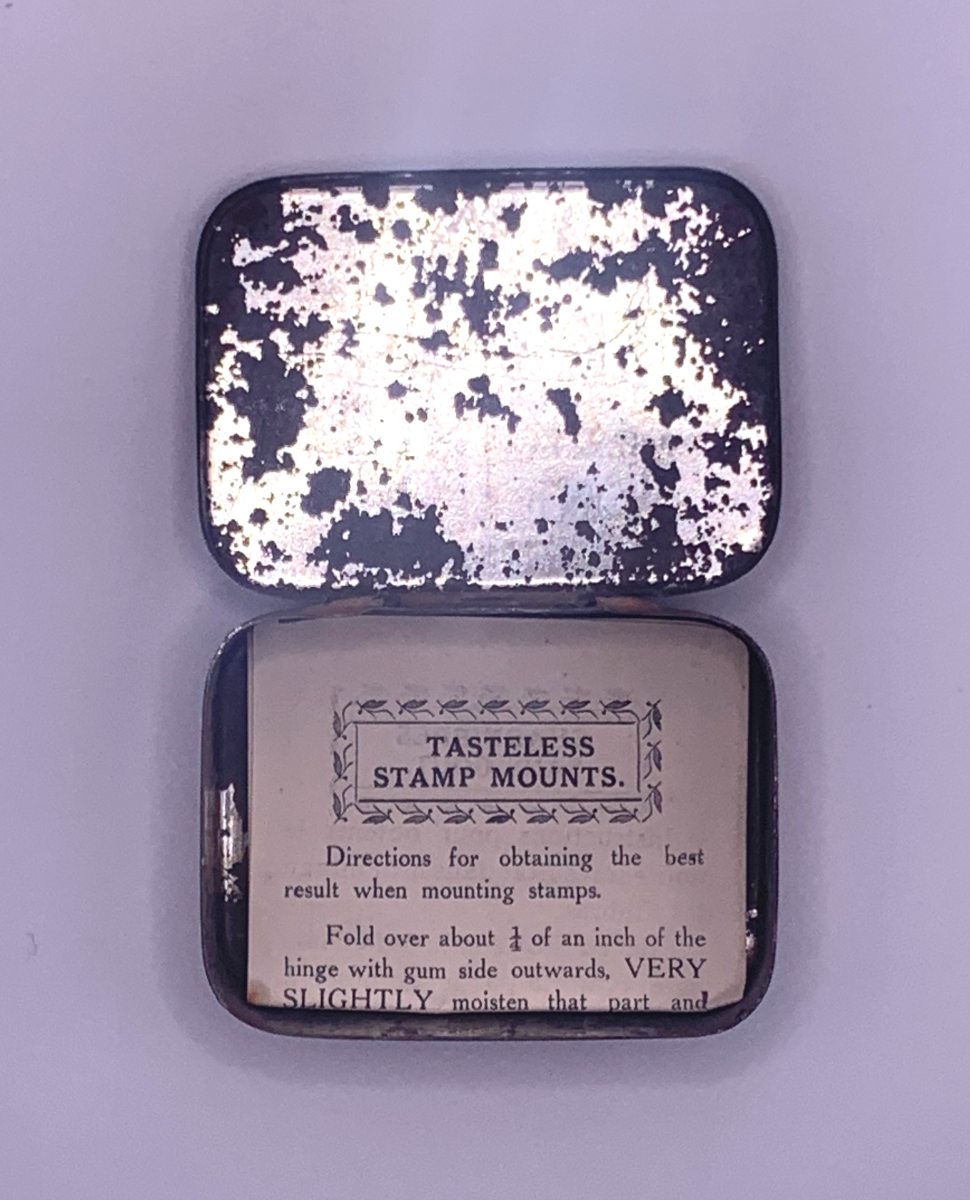 Alpha Mounts vintage stamp hinge tin for "tasteless stamp mounts" sold ...