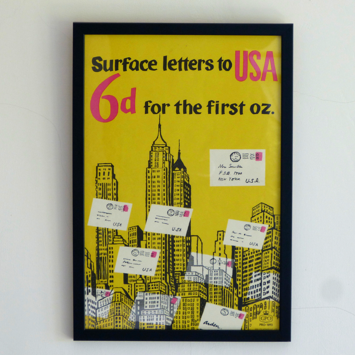 1960 GPO public information poster "surface letters to USA 6d for first ...