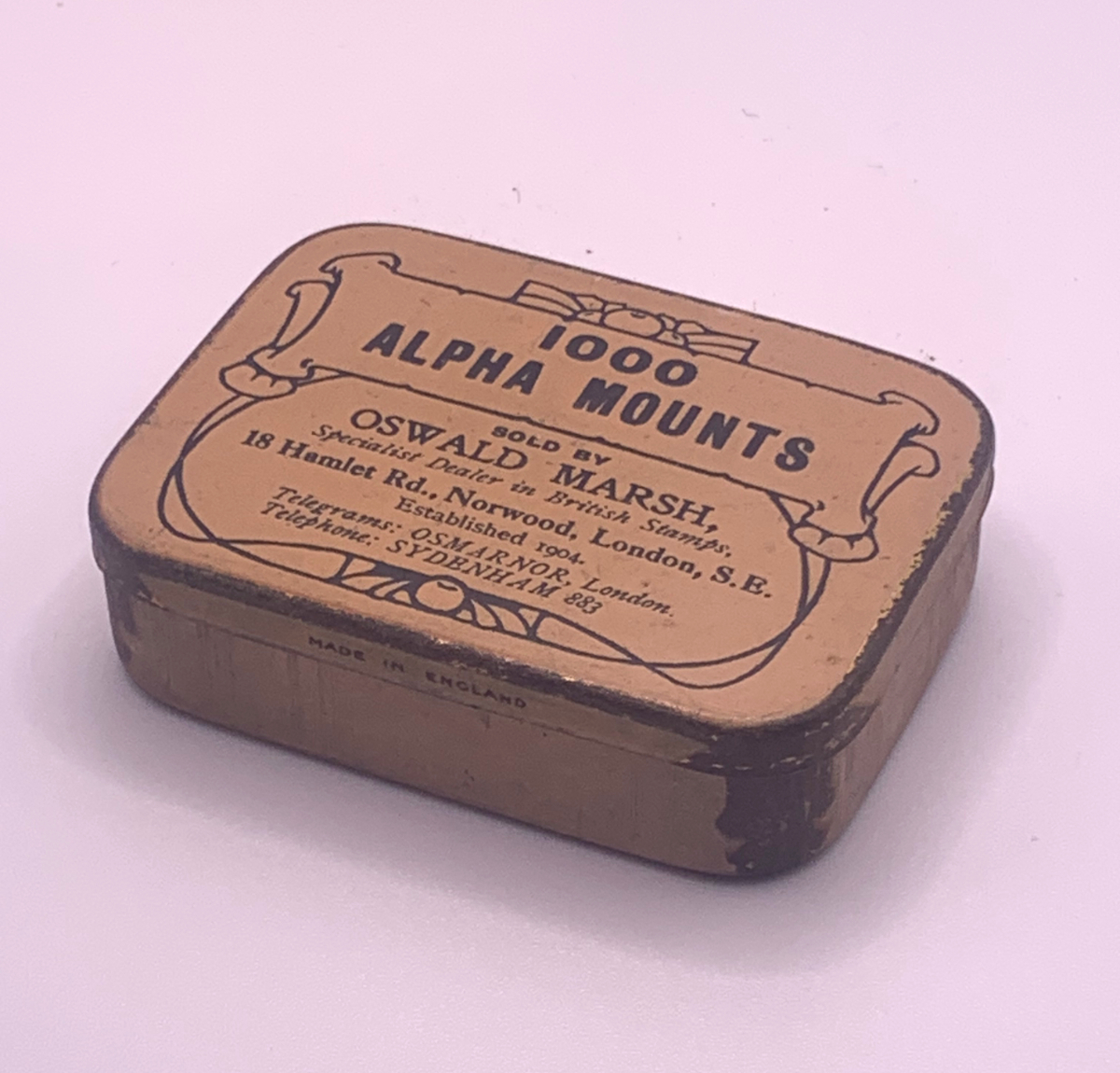 Alpha Mounts vintage stamp hinge tin for "tasteless stamp mounts" sold ...