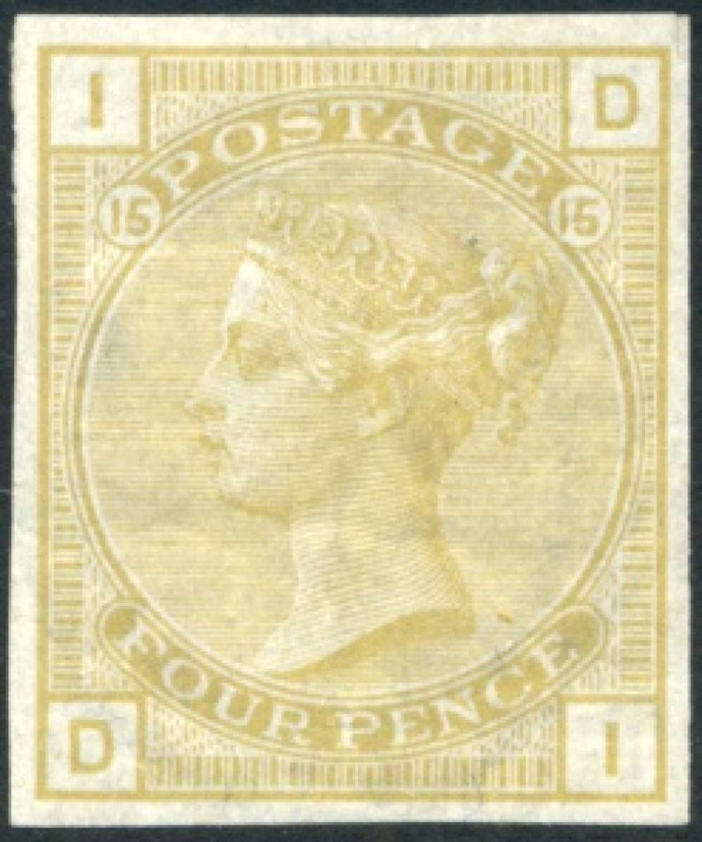 1876 4d Pale olive-bistre plate 15 garter watermark lettered DI (47111)
