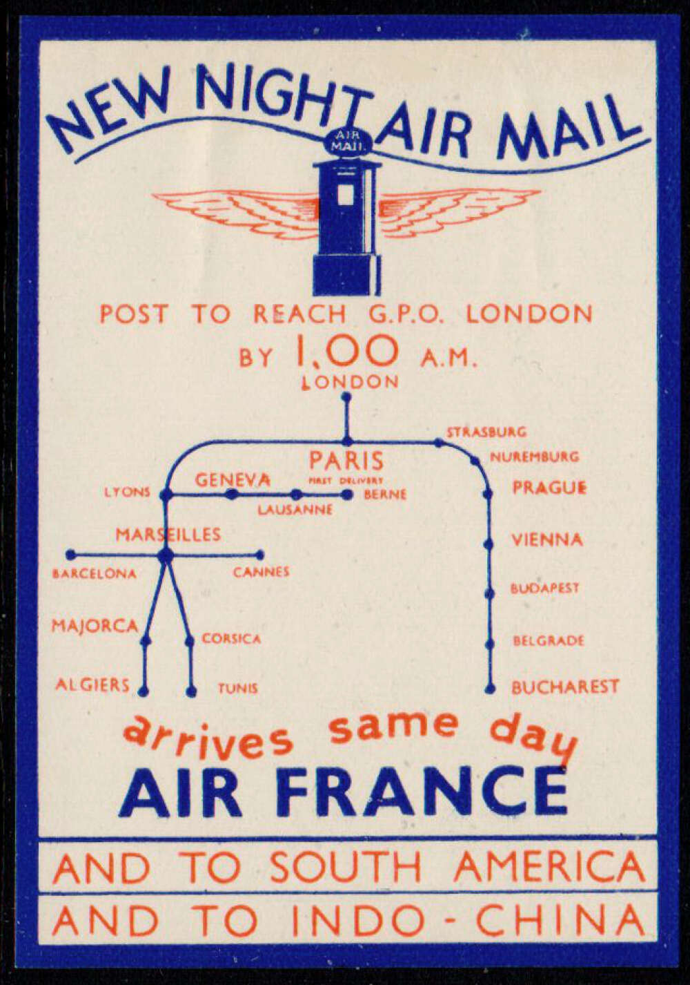 1930c Air France "NEW NIGHT AIR MAIL....arrives same day" label (63155)