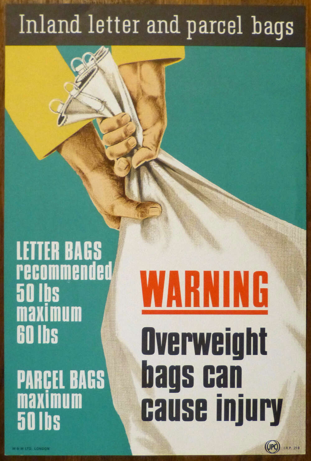 1960's GPO internal information poster "OVERWEIGHT BAGS CAN CAUSE ...